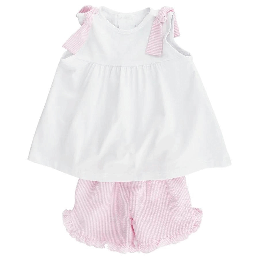 Girls Pink Seersucker Ruffle Shorts